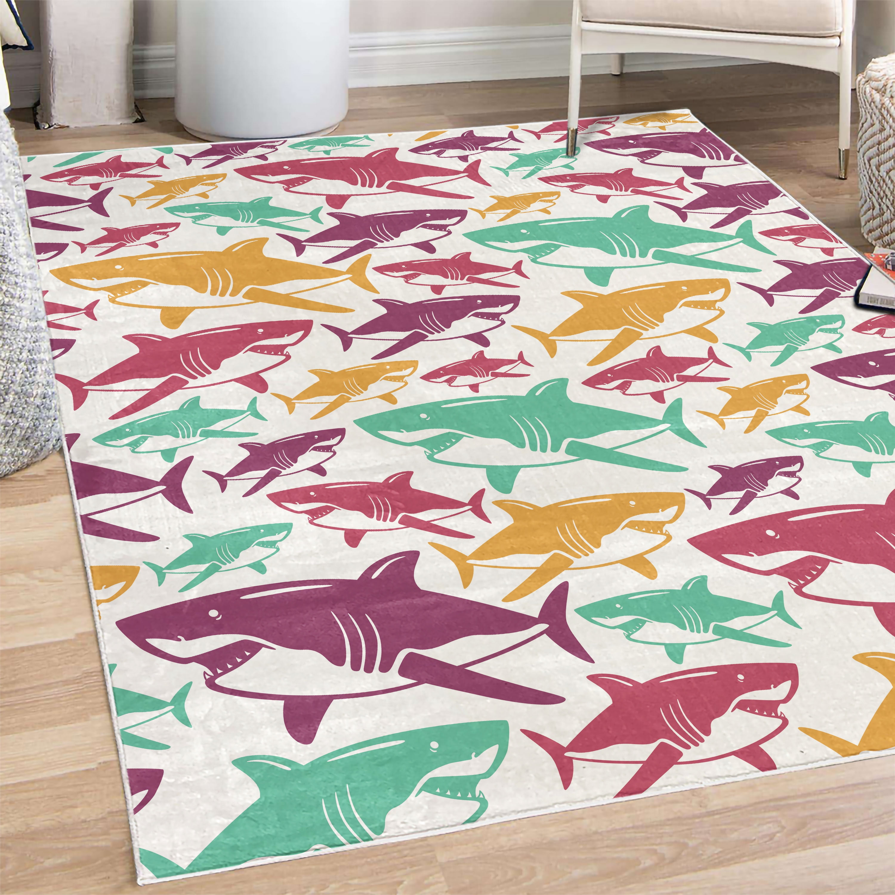Shark Decorative Rug, Colorful Underwater Fish Pattern Masters Survival ...
