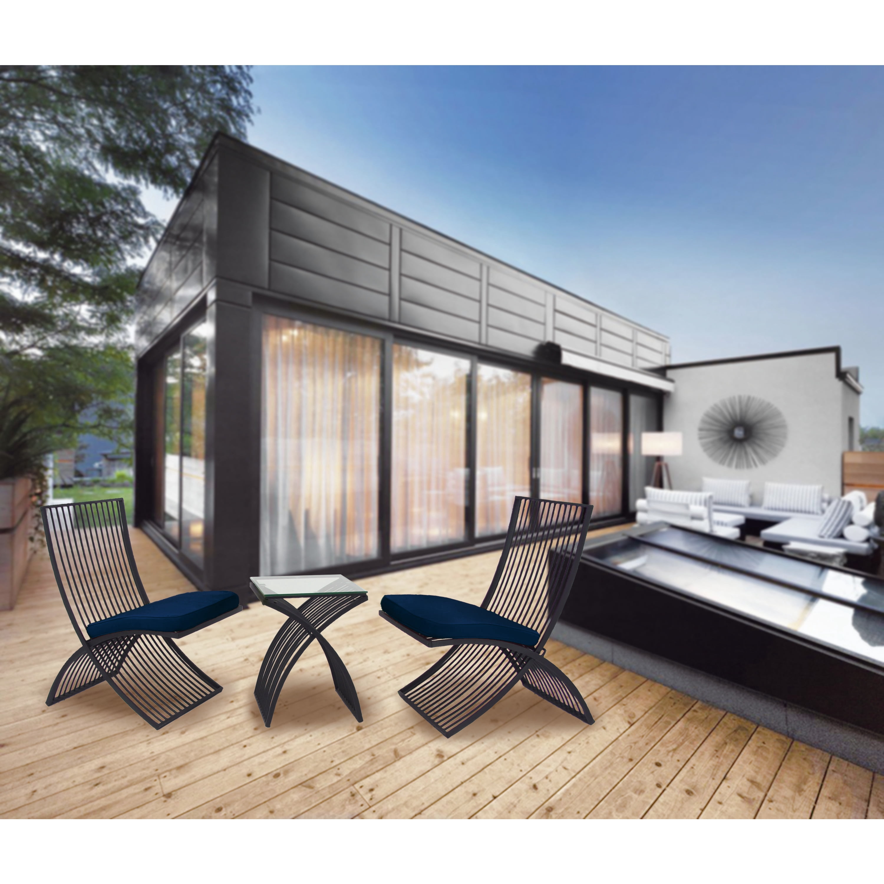 DecMode 3-Piece Metal Small Folding Outdoor Seating Set with Navy ...