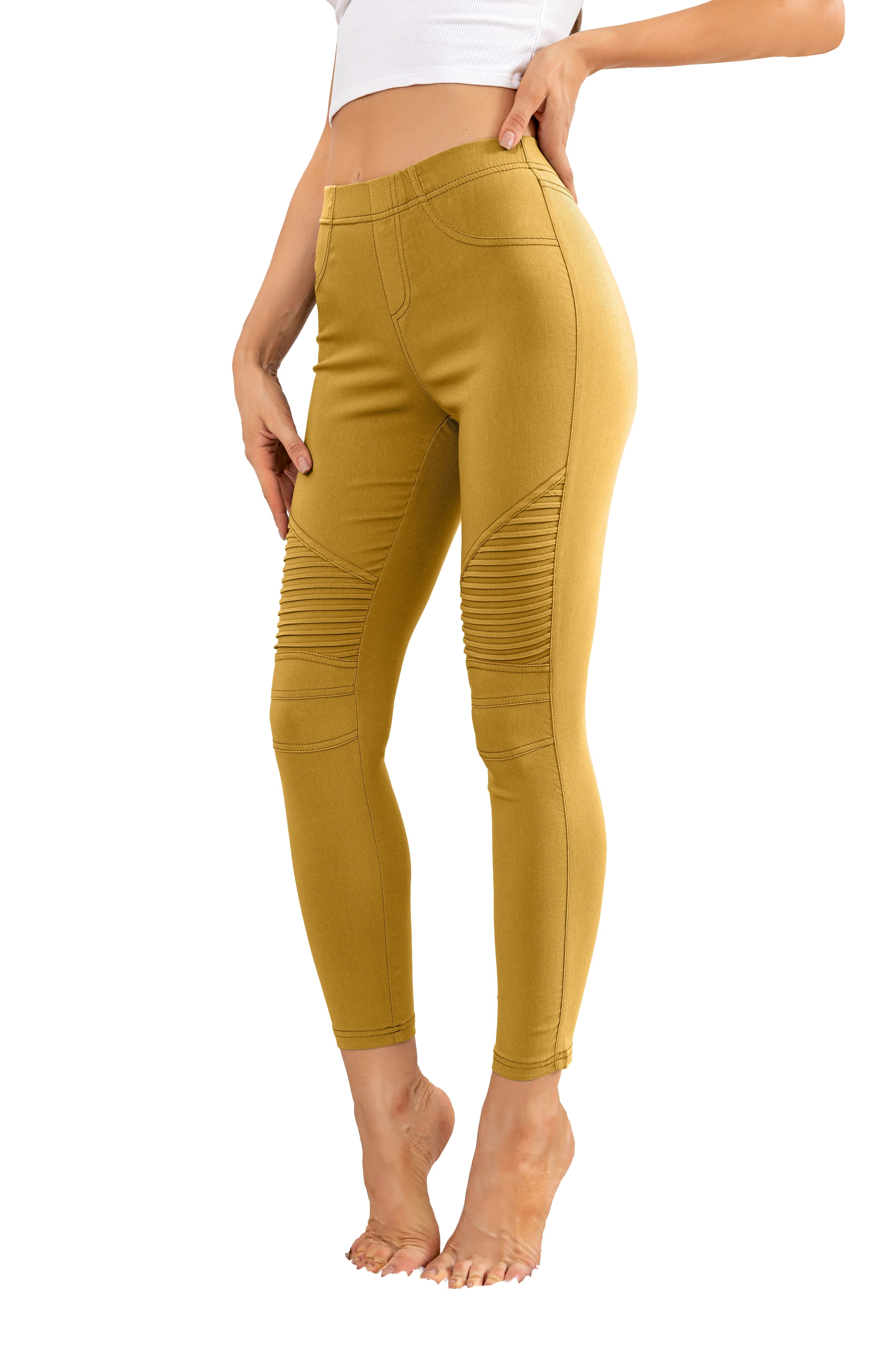 CALIPESSA Womens Yellow Crease Detail Skinny Leggings Elastic Waist ...