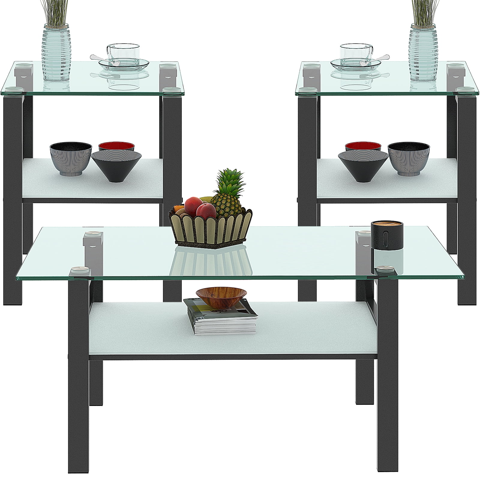 Glass Coffee Table Set of 3 Piece, Living Room Table Set of 3, Black ...