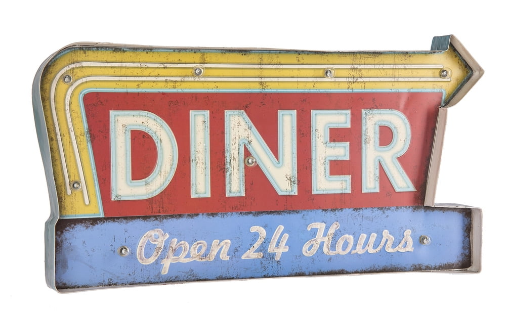 22" Faux Vintage Light Up LED Sign with Arrow 'Diner - Open 24 Hours ...