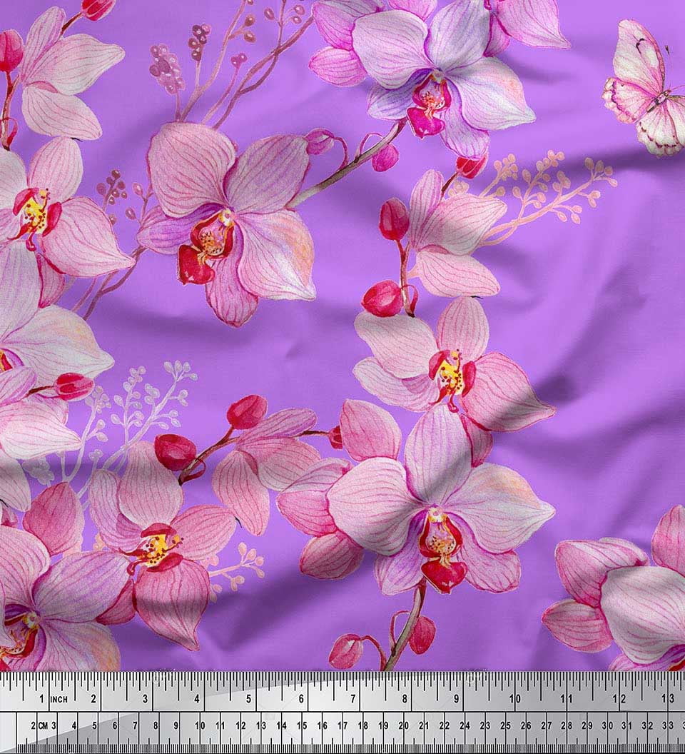 Soimoi Satin Silk Fabric Bird & Orchids Flower Print Fabric by Yard 42 ...