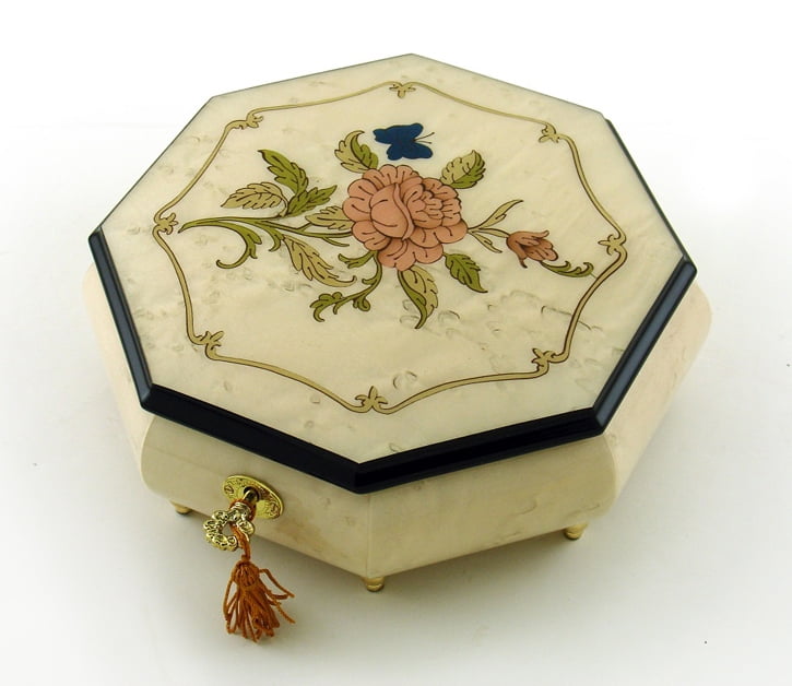 Immaculate 30 Note Ivory Stain Octagonal Music Jewelry Box with Rose ...