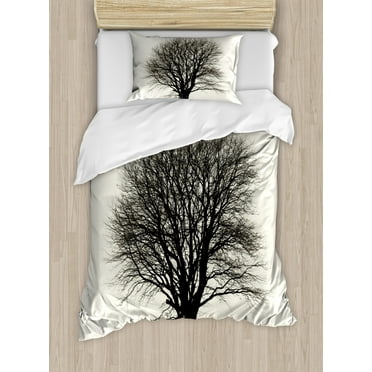 Forest Duvet Cover Set Queen Size, Sketch Style Tree with Green Leaves ...