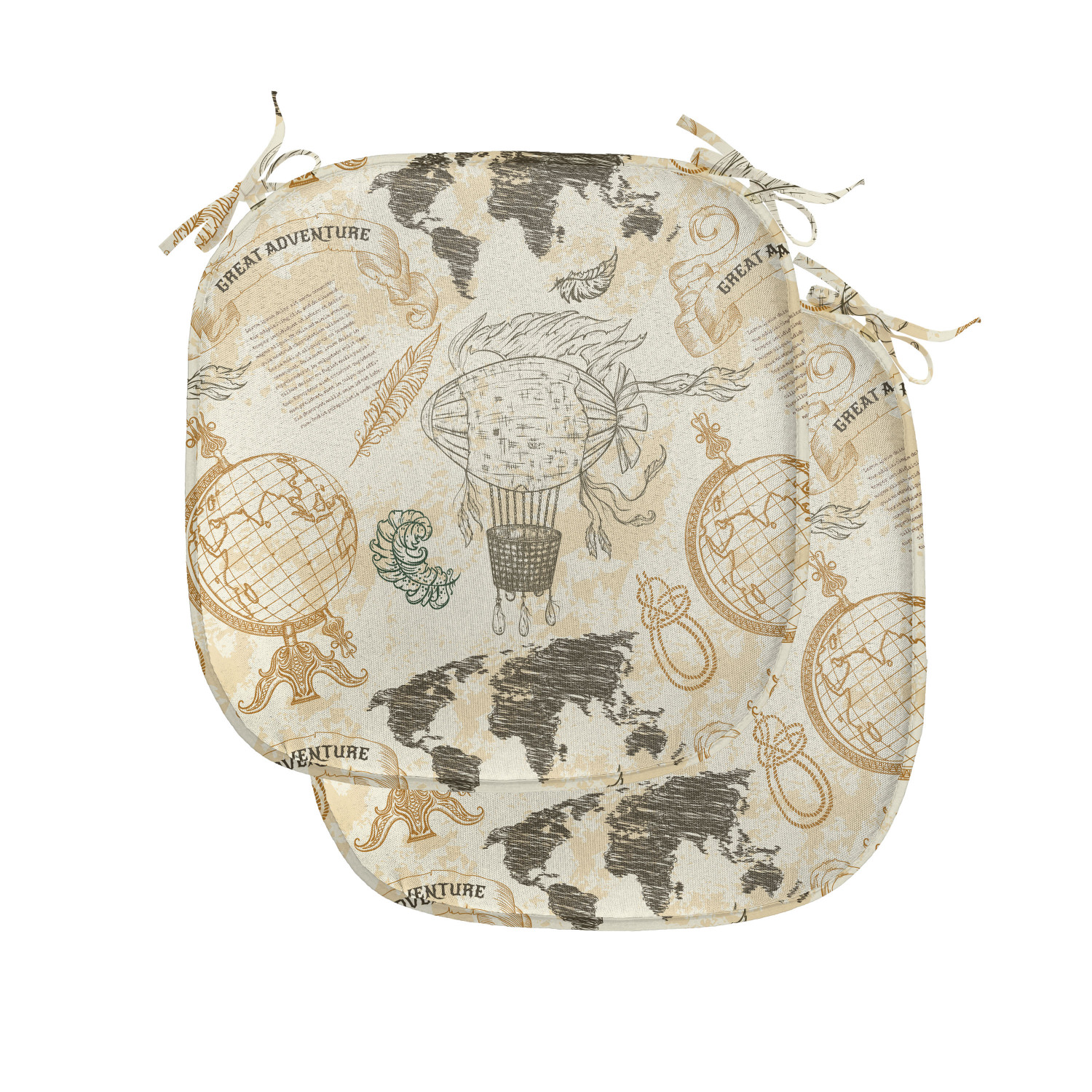 World Map Chair Seating Cushion Set of 2, Pattern Vintage Globe Atlas ...