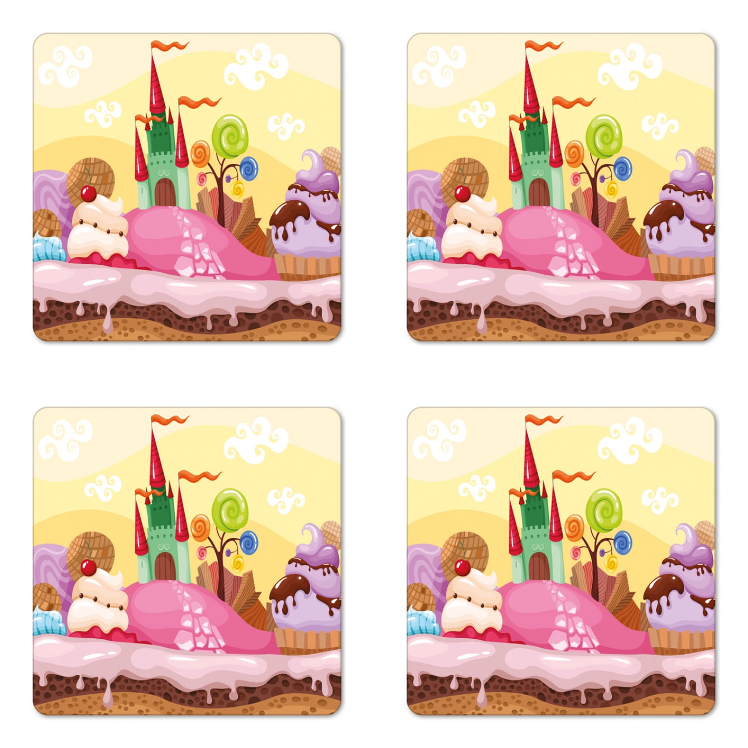 Cartoon Coaster Set of 4, Kids Castle Landscape with Donuts Muffins Ice ...
