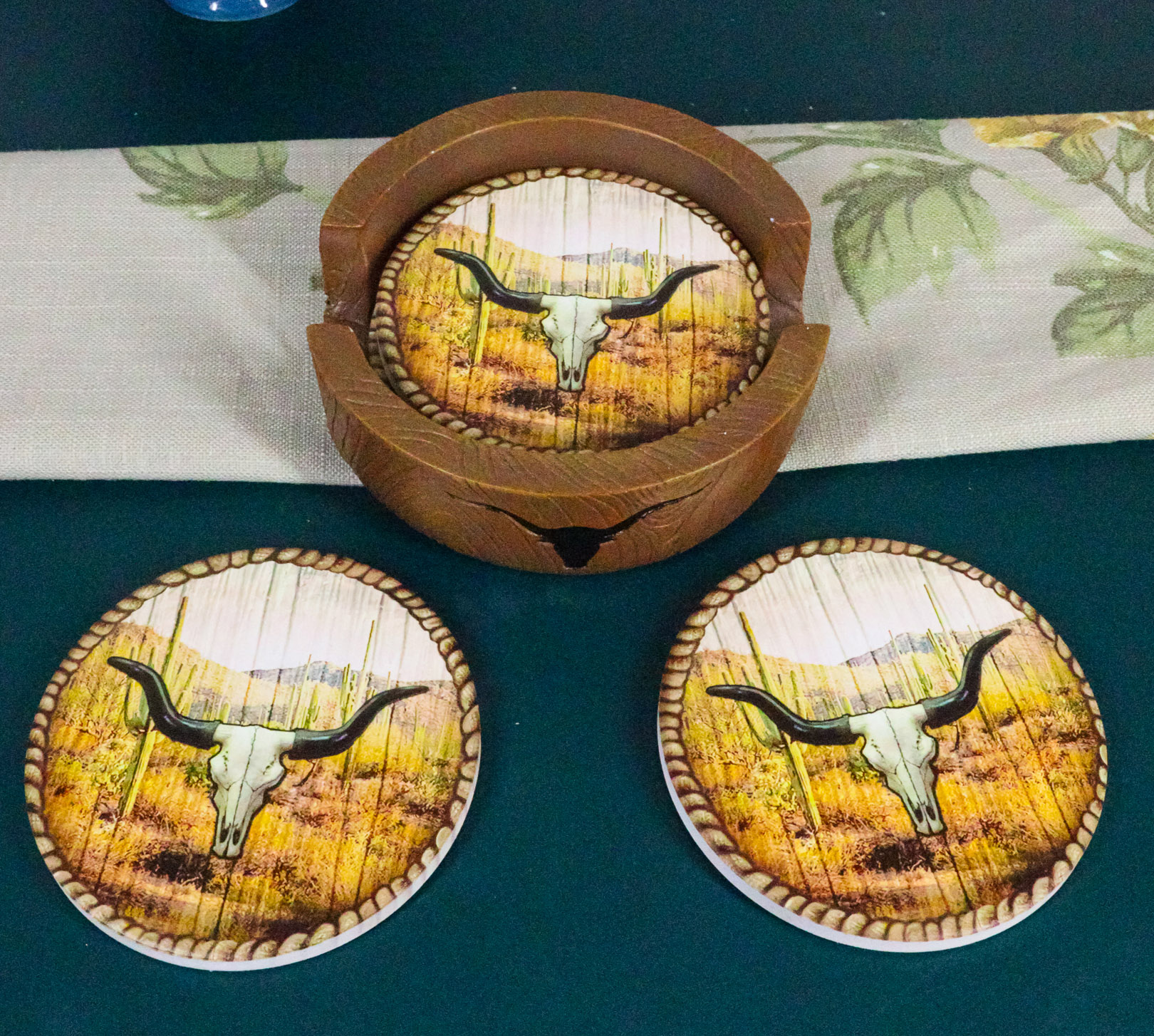 Rustic Western Rodeo Roundup Longhorn Cow Skull Ropes Faux Wooden ...