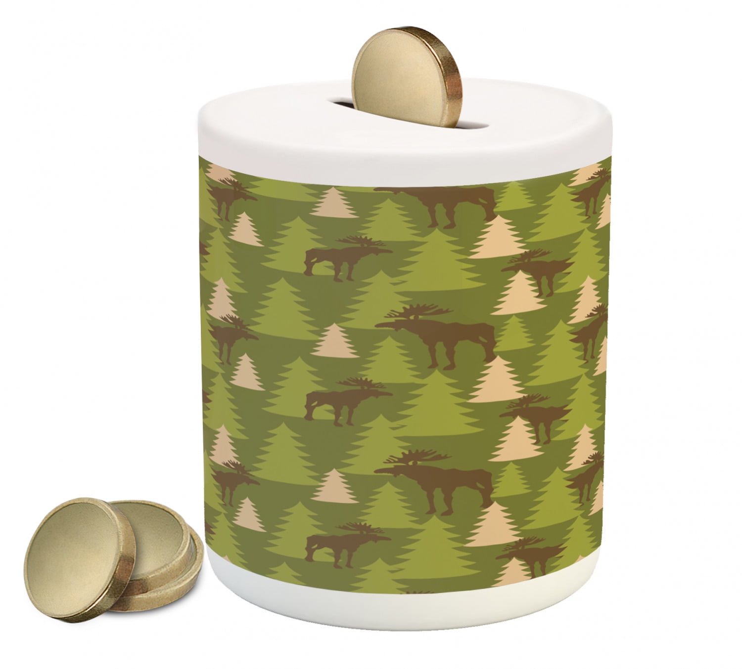 Deer Piggy Bank, Animals in the Forest Mooses and Pine Trees Pattern ...