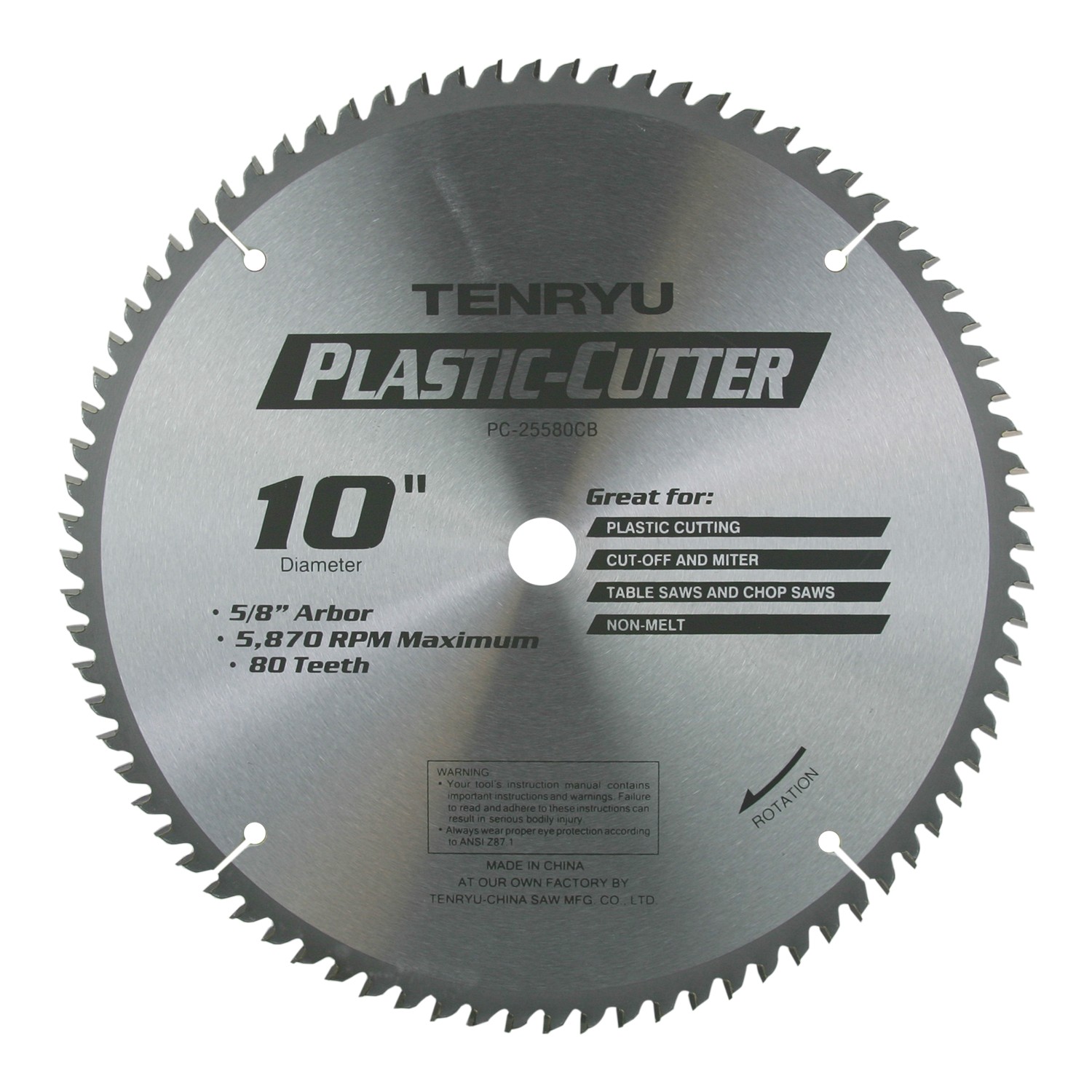 Tenryu PC-25580CB 10-inch 80T Plastic-Cutter Saw Blade, 5/8-inch Arbor ...