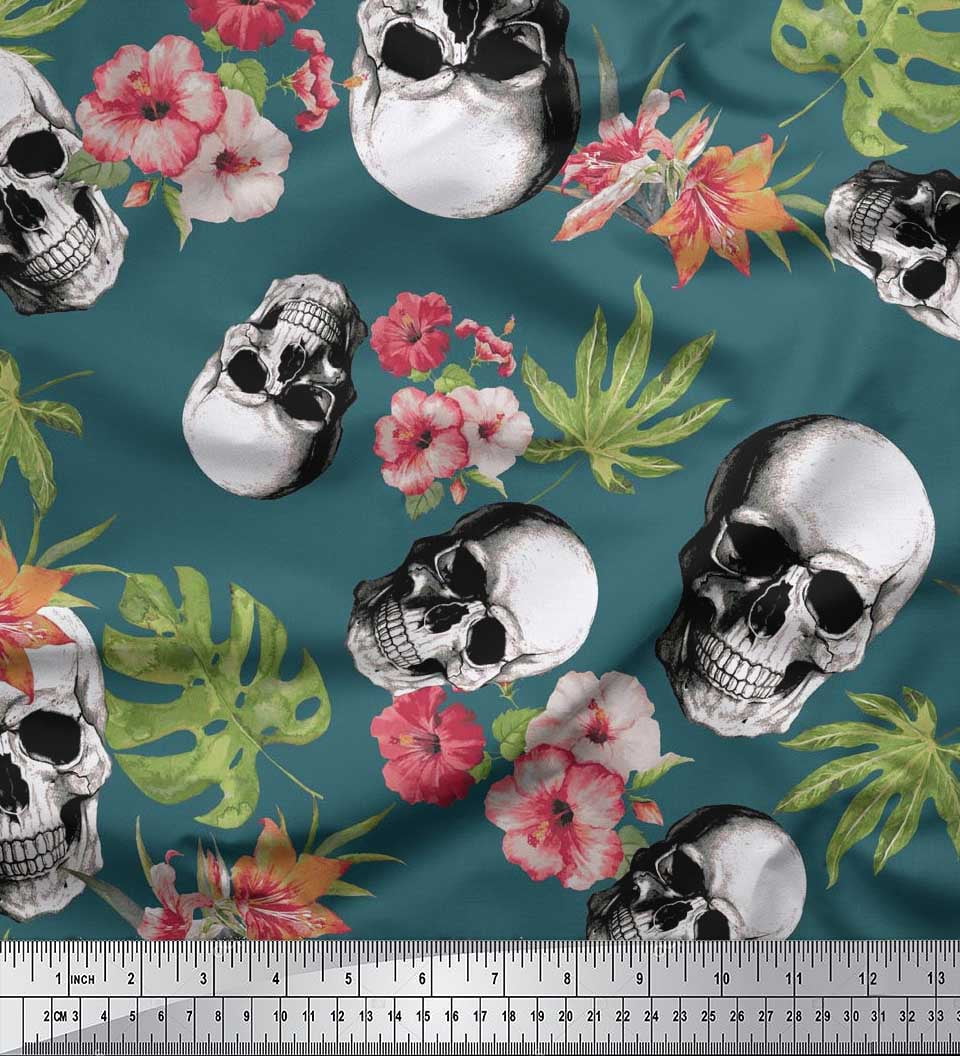 Soimoi Satin Silk Fabric Monstera Leaves,Floral & Horror Skull ...