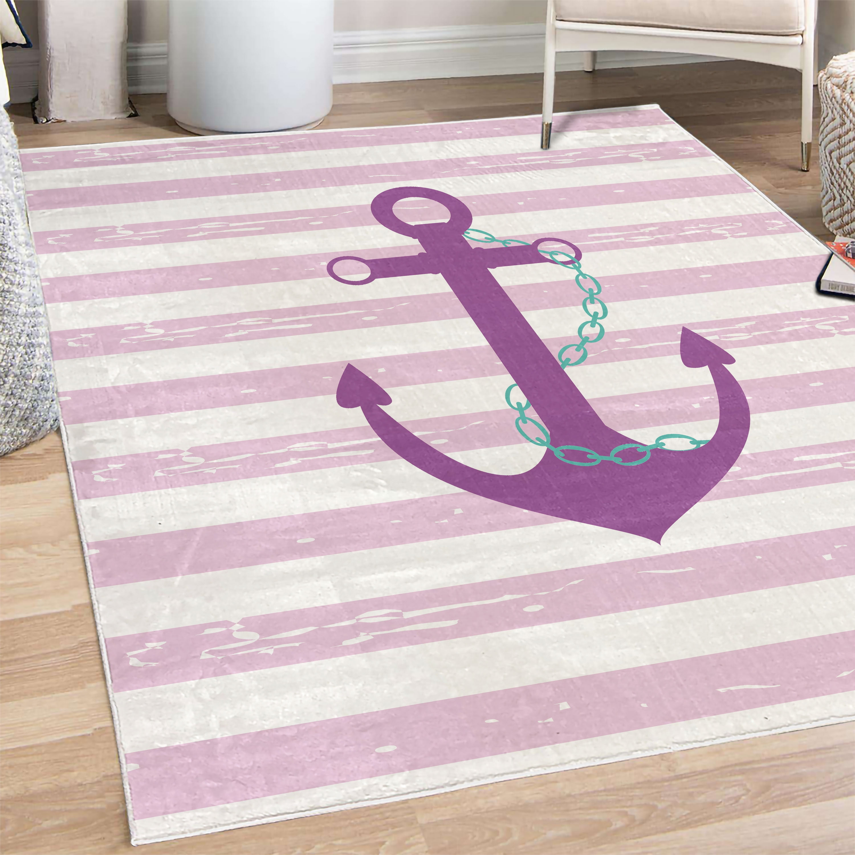 Striped Decorative Rug, Ship Anchor Chain Marine Life Inspired Lines ...