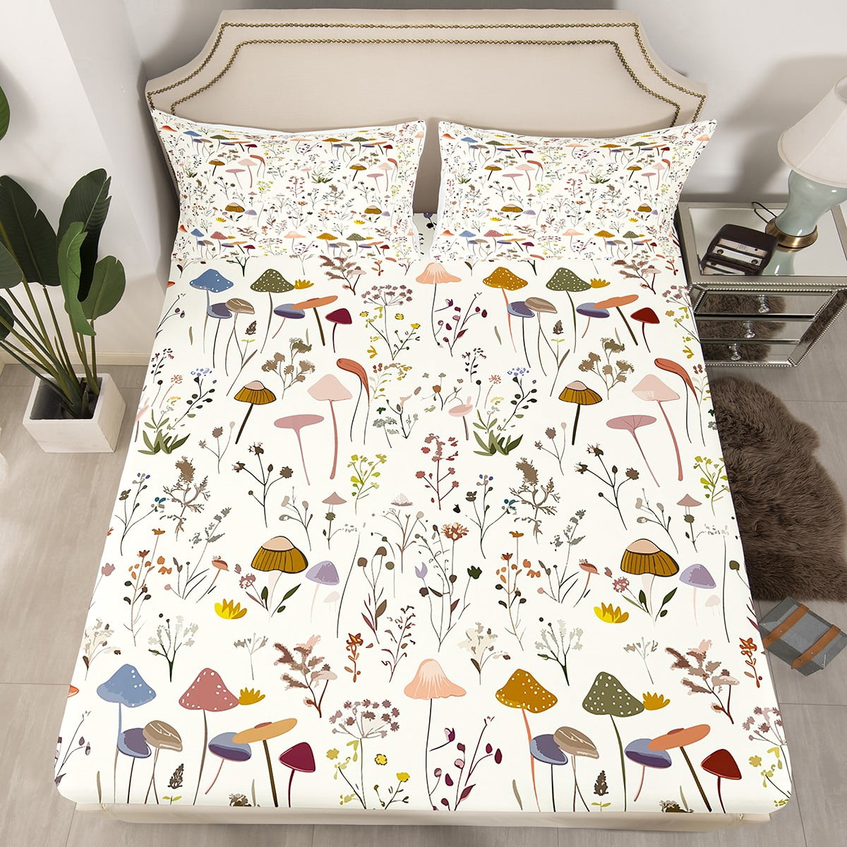 Mushroom Fitted Sheet Botanical Sheets,Plant Leaves Bed Sheets Full ...