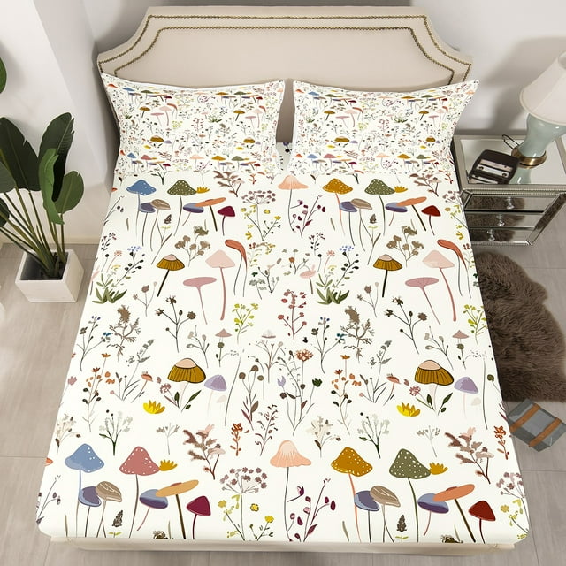 Mushroom Fitted Sheet Botanical Sheets,Plant Leaves Bed Sheets Full ...