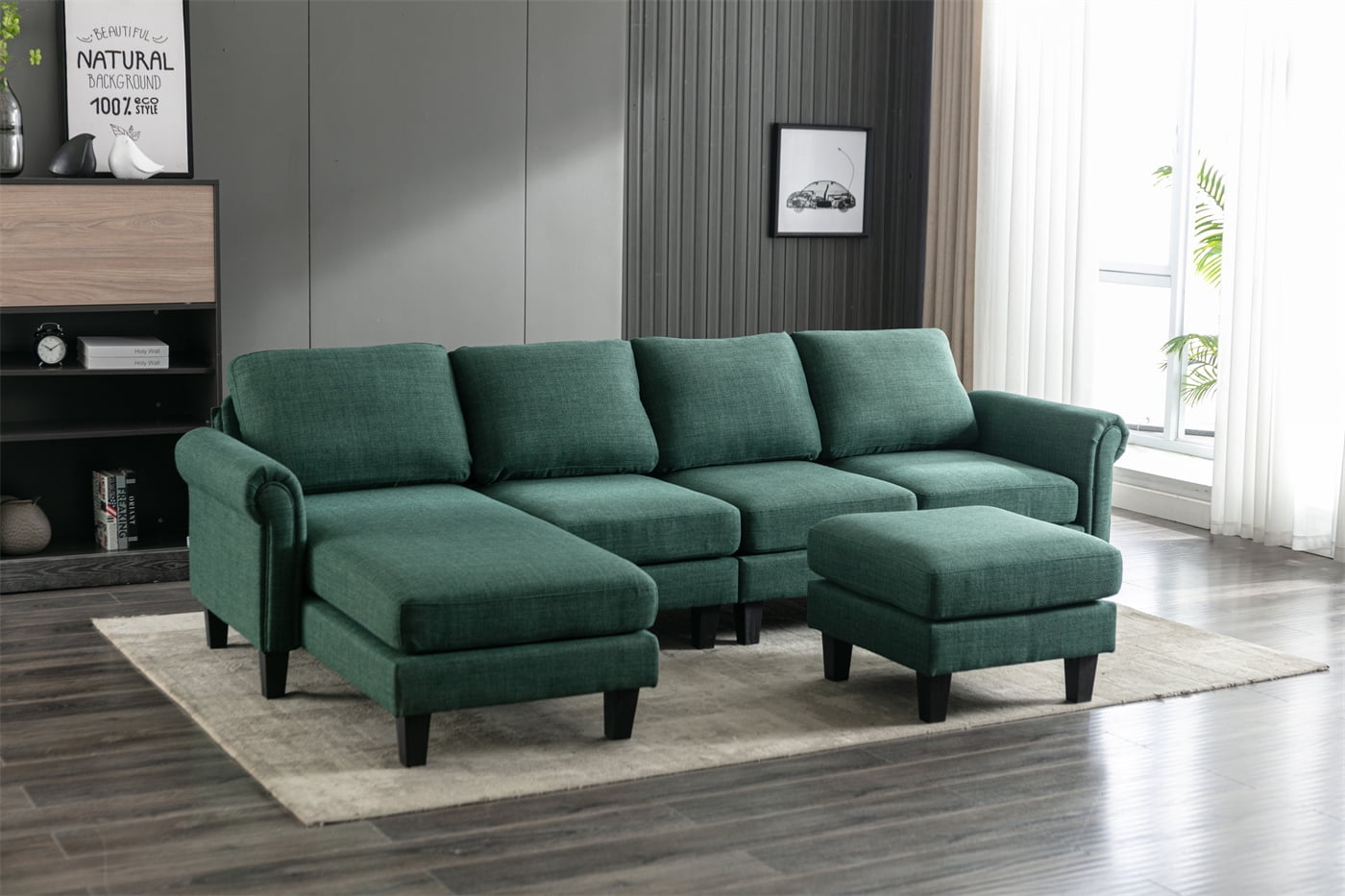 L Shape Sectional Sofa with Removable Ottoman, Modern Linen Fabric ...
