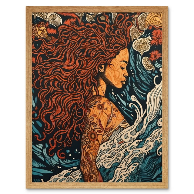 Sea Water Nymph Modern Art Nouveau Linocut Art Print Framed Poster Wall ...