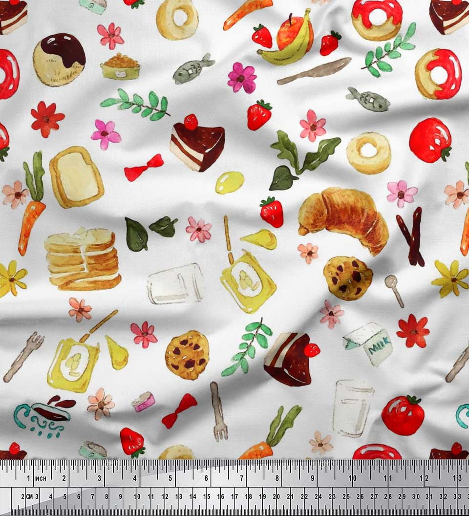 Soimoi Satin Silk Fabric Fruits,Bread & Donut Food Print Fabric by The ...