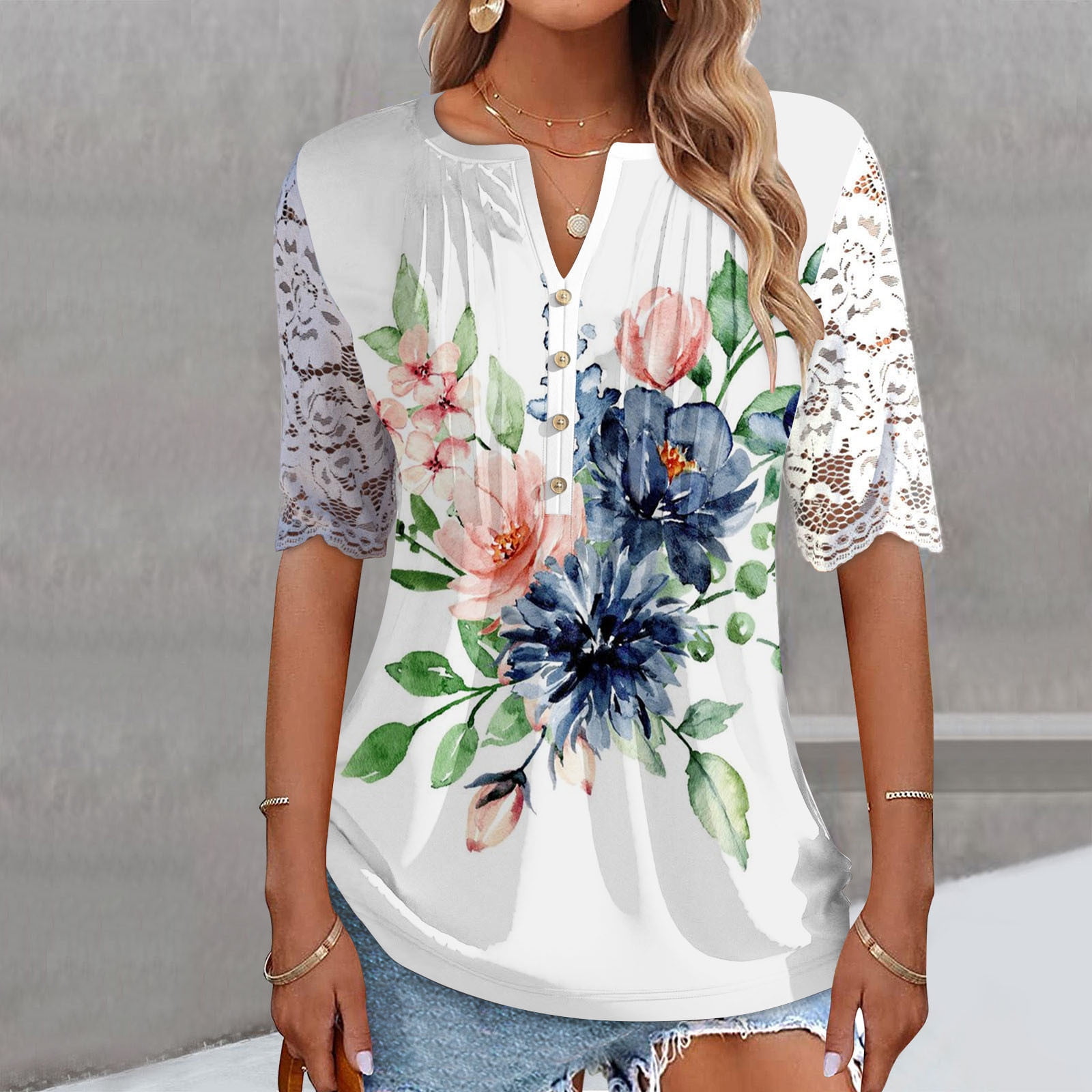 AXXD Blouses for Women V-neck Love Printed Patchwork Lace Pullover ...