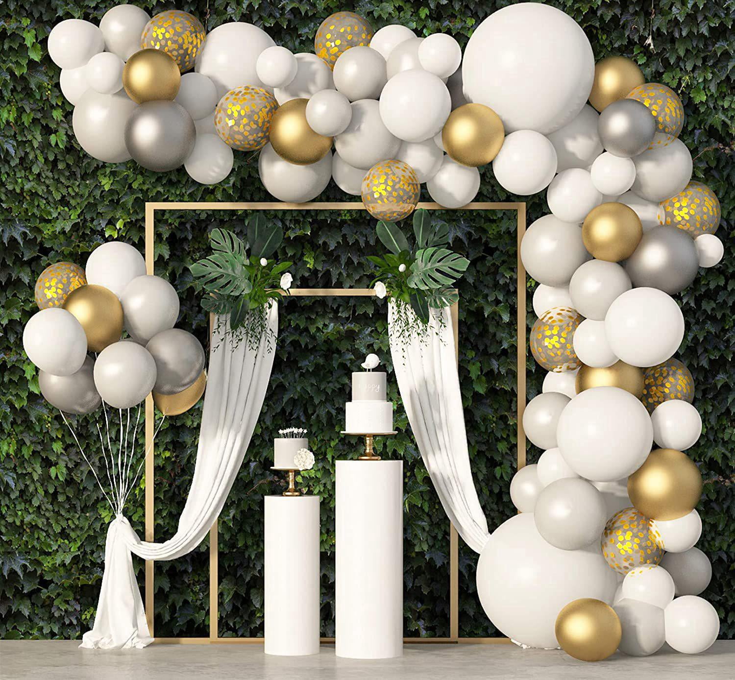 Arco De Globos Plateado Blanco Y Dorado 136 Globos Dorados