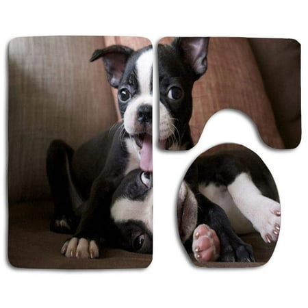 EREHome Funny Boston Terrier Puppies on Play Time 3 Piece Bathroom Rugs ...