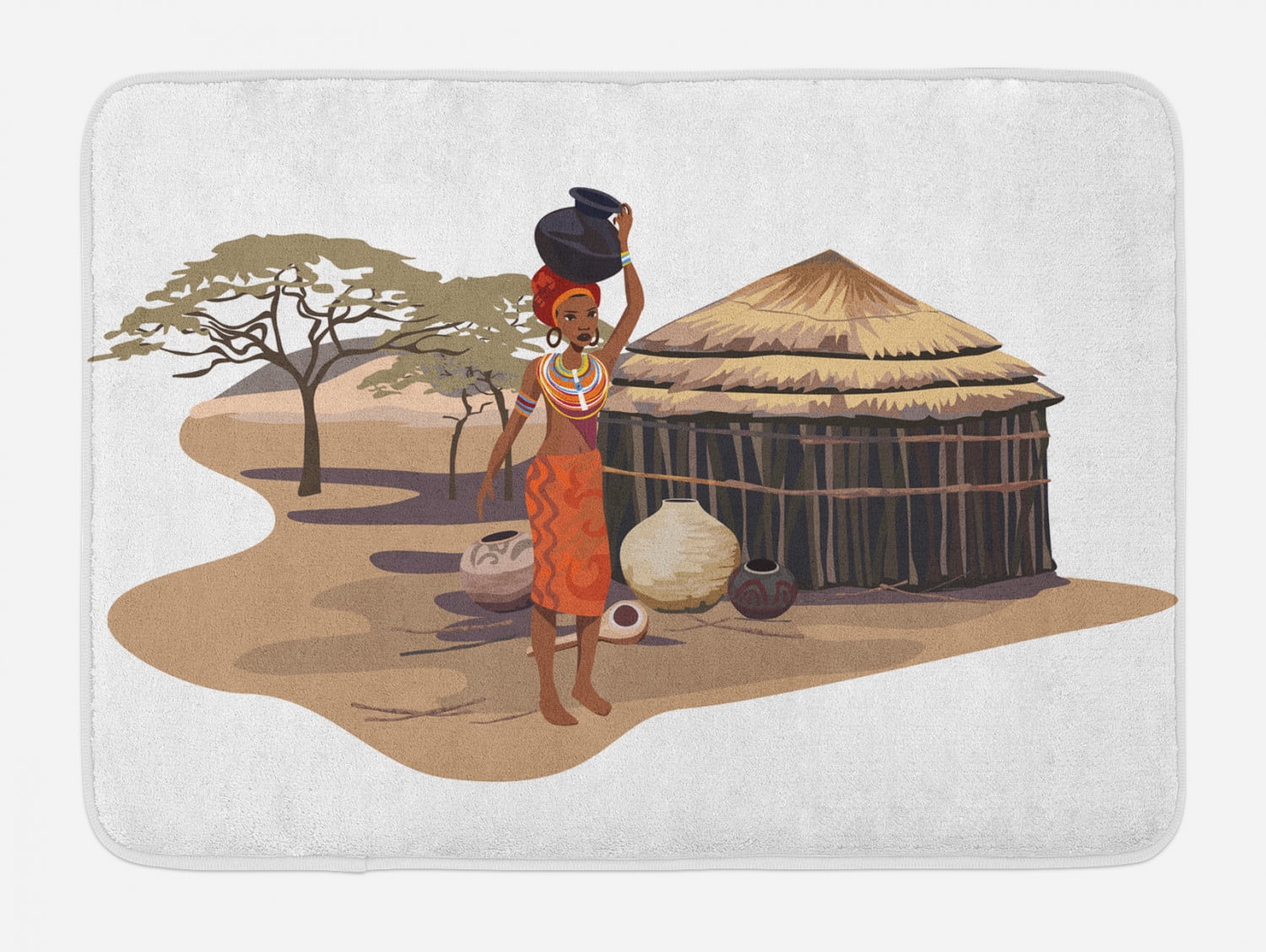 African Woman Bath Mat, Native Woman Carrying a Pot Hut Tree Natural ...