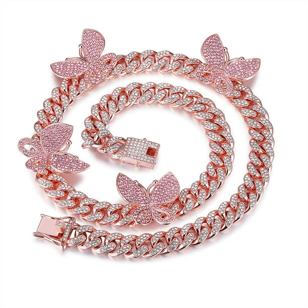Butterfly Cuban Necklace Crystal Collars Cuban Link Chain Iced Bling ...