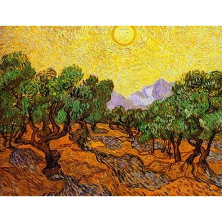 Olive Trees With Yellow Sky And Sun Poster Print by Vincent Van Gogh ...