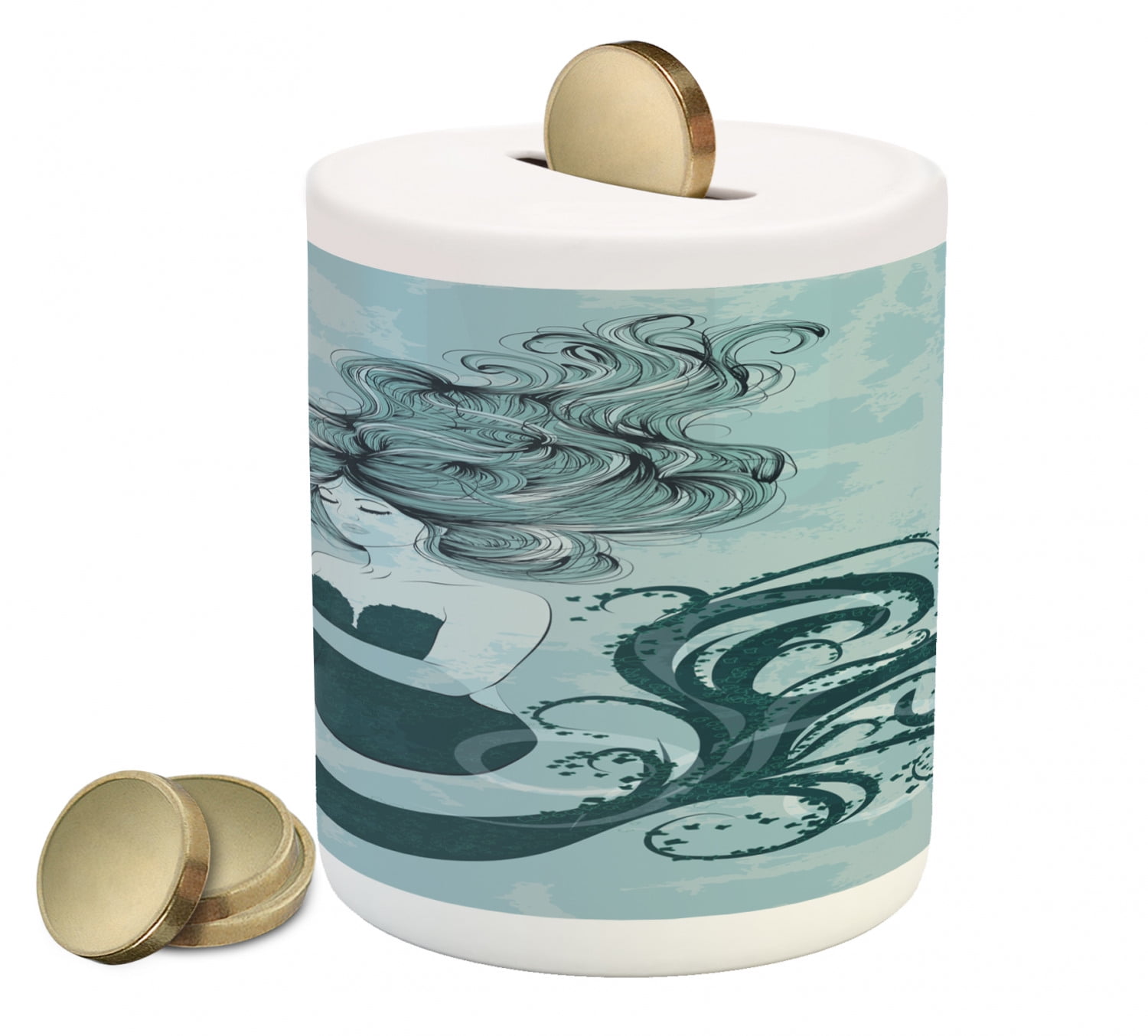 Mermaid Piggy Bank, Sleeping Girl Design Wavy Hair Hand Drawn Effect ...