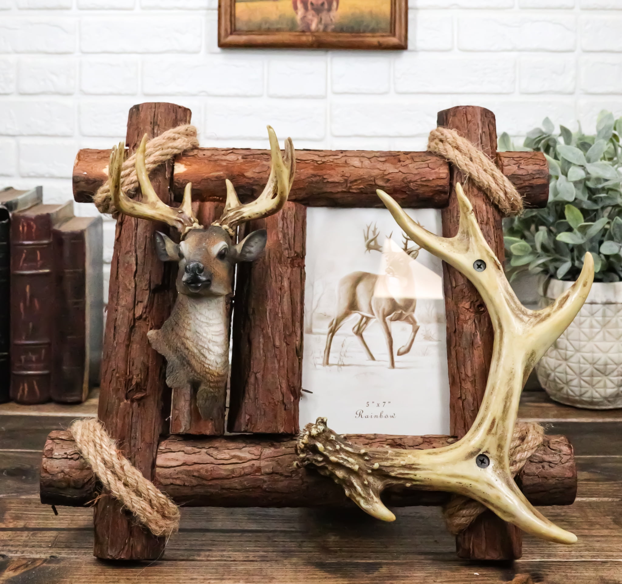 Rustic Buckhorn Stag Deer Trophy Bust And Antlers With Wooden Logs ...