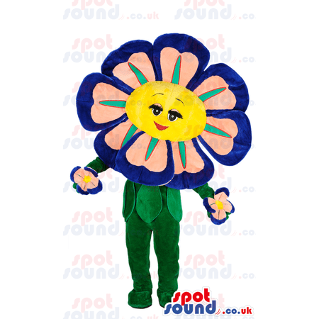 Blue and rose flower SPOTSOUND Mascot with green legs as stem and ...