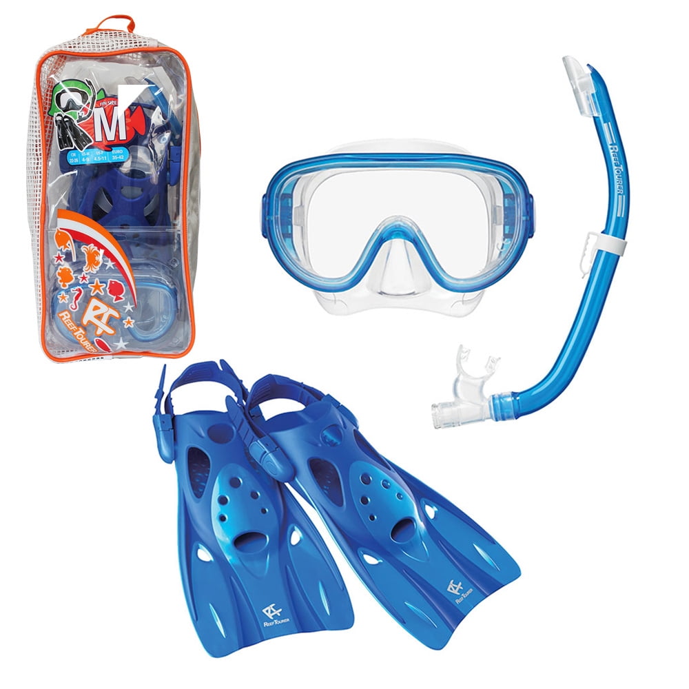 Reef Tourer Adult Single-Window Mask, Snorkel and Fin Set with Travel ...