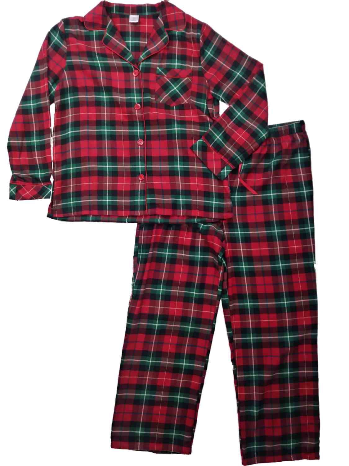 Womens Red Green White Plaid Tartan Flannel Pajamas Notched Sleep Set