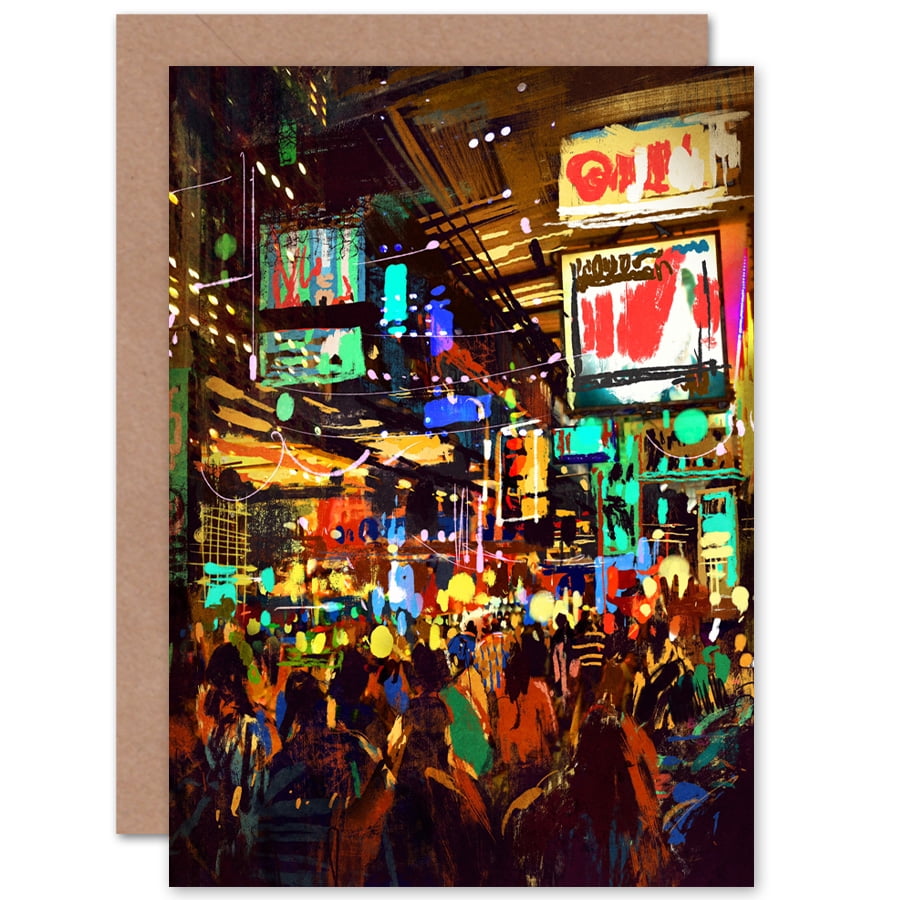 Crowded Cityscape at Night Greetings Card Plus Envelope Blank inside ...