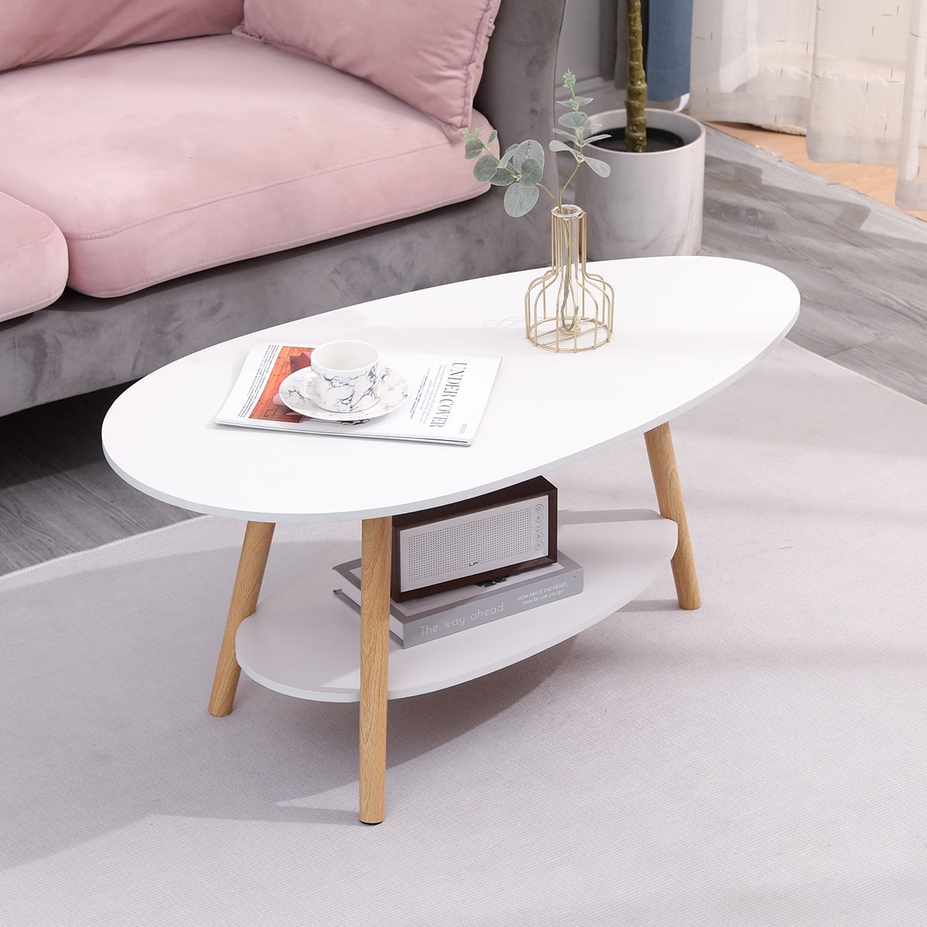 2 Tier Coffee Table Cocktail Table Sofa Table Ellipse Oval Modern Wood ...