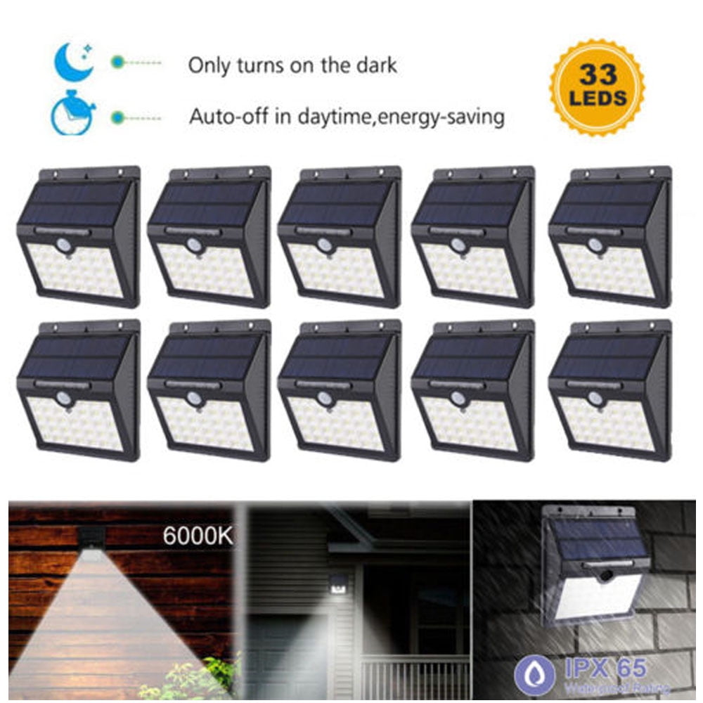 10 Pack 33 LED Solar Powered PIR Motion Sensor Wall Light with 3 Intelligient Modes Outdoor Yard ...