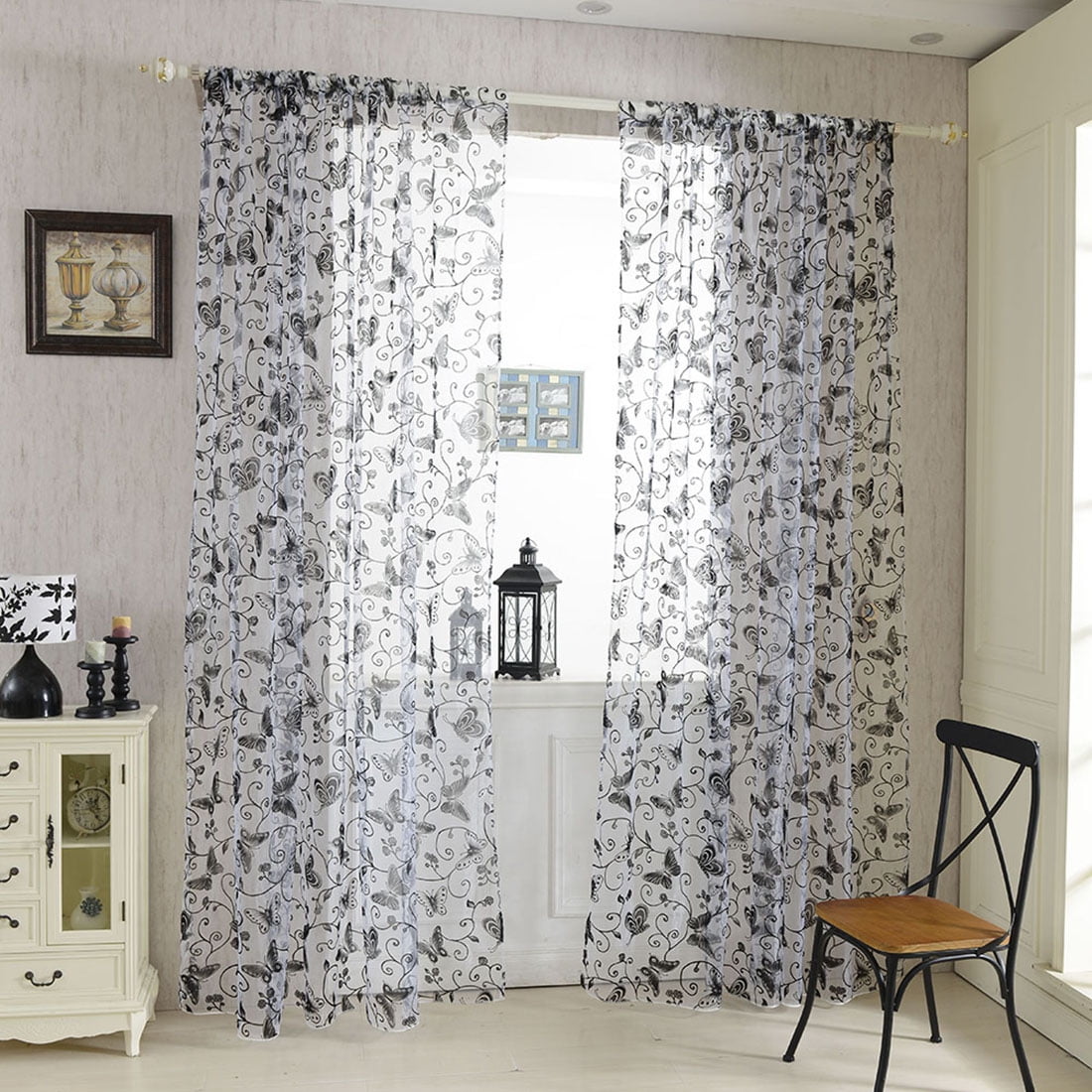 Butterfly Patterns Flocking Voile Tulle Window Curtain Sheer Window ...