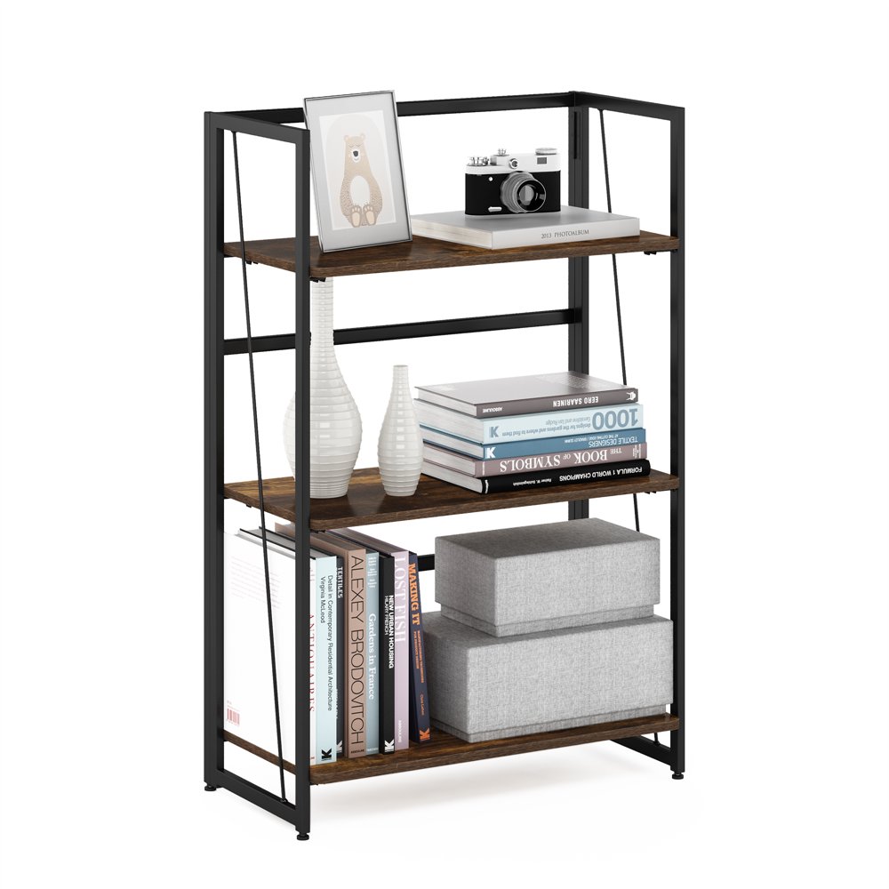 Furinno Riau No Tool Metal Frame Bookcase, 3-Tier, Rustic Oak/Black ...
