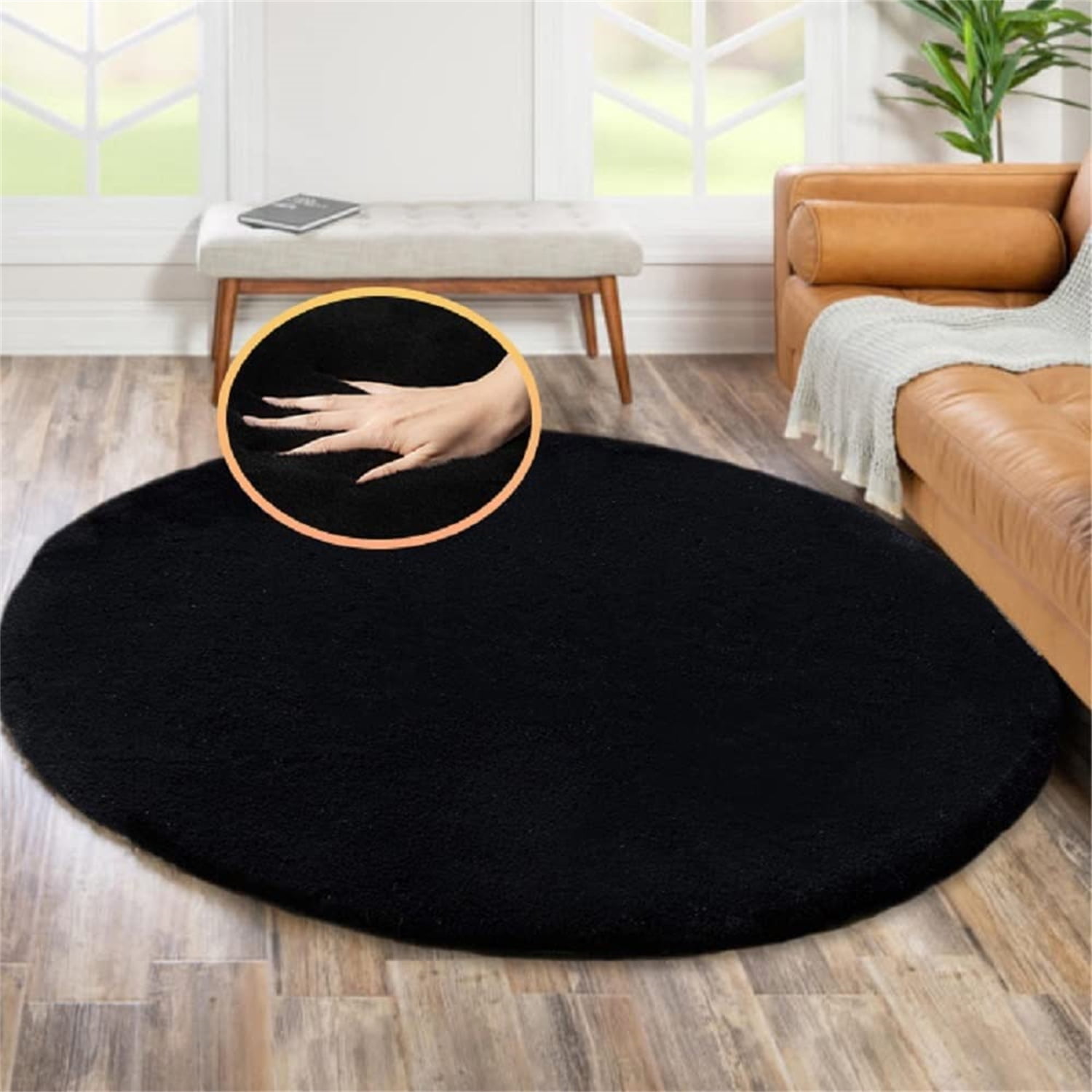 Latepis Black Round Area Rug 5ft Washable Faux Fluffy Fur Rug for ...