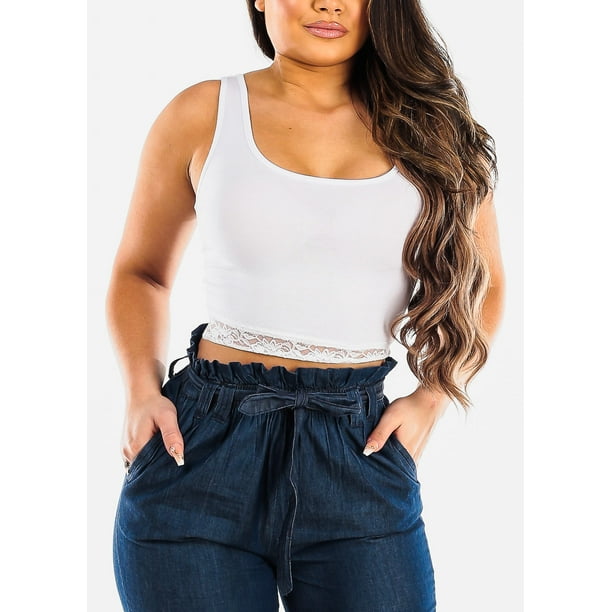Moda Xpress Womens Sleeveless Crop Top Floral Lace Trim Casual