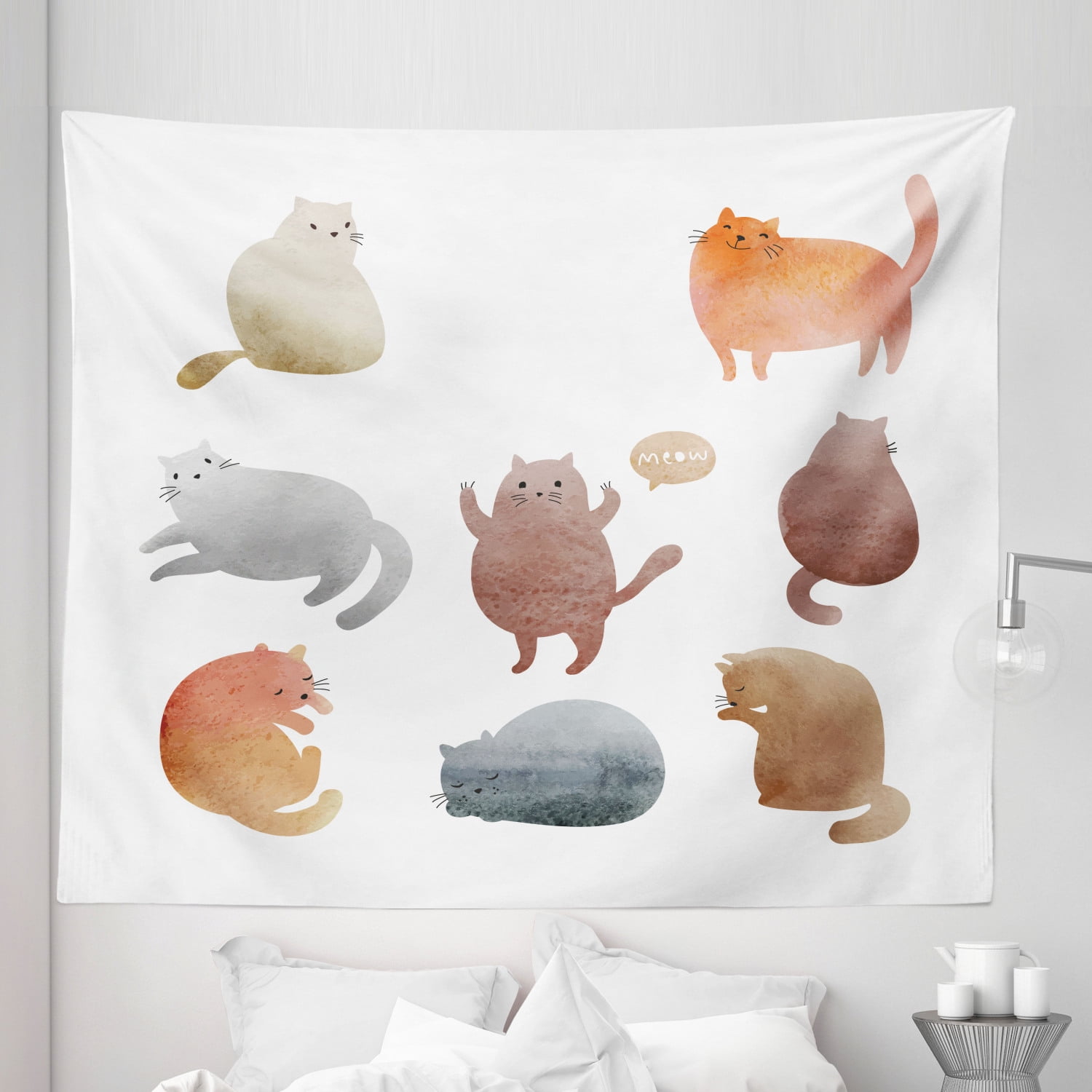 Cat Tapestry, Colorful Watercolor Sleeping Paw Licking Happy Playful ...