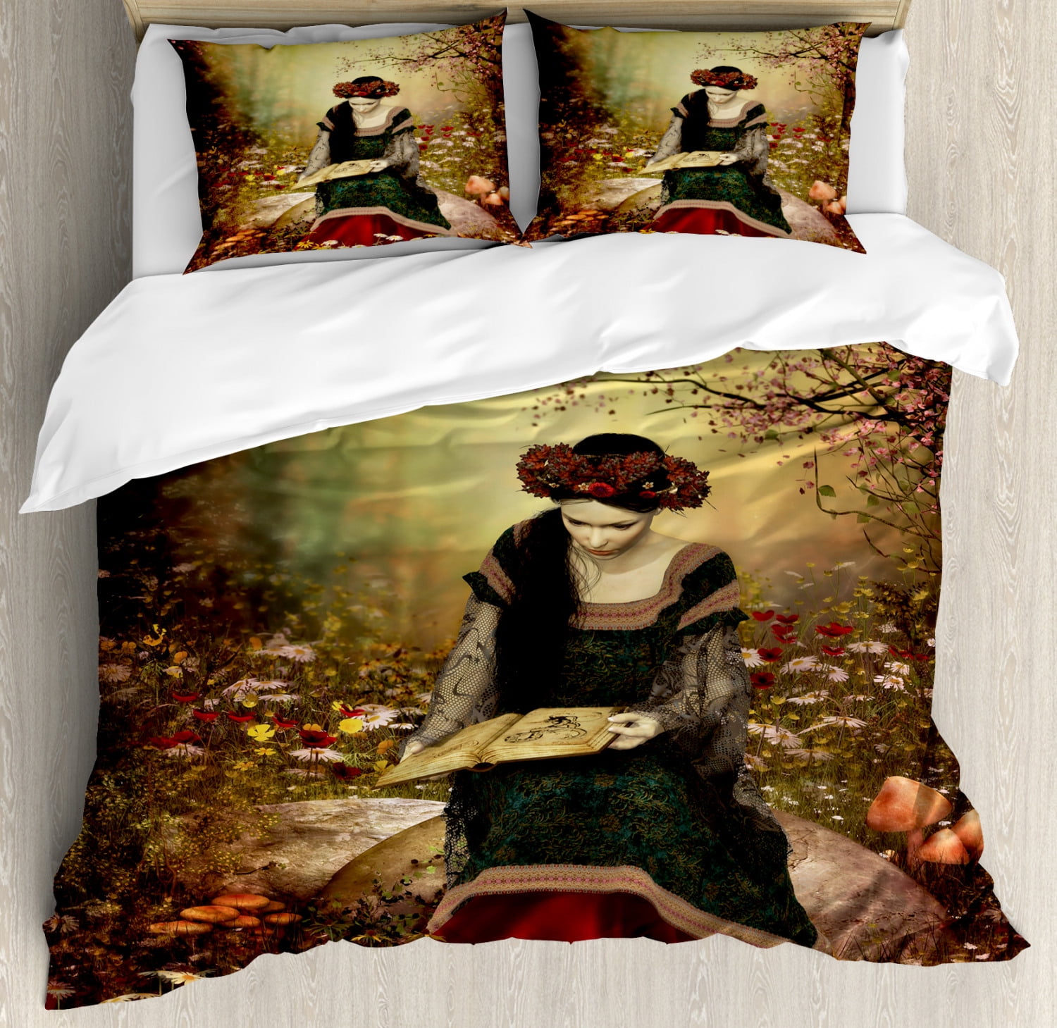 Medieval Duvet Cover Set Queen Size, Lady Sitting on Stone and Reading ...