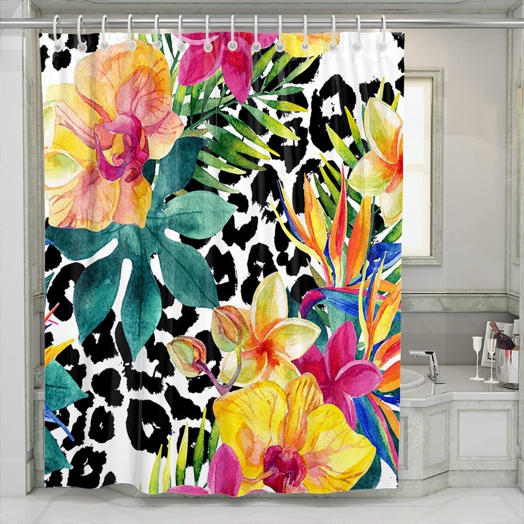 Aoselan Shower Curtain With Hook Tropical Watercolor Flower Leaves
