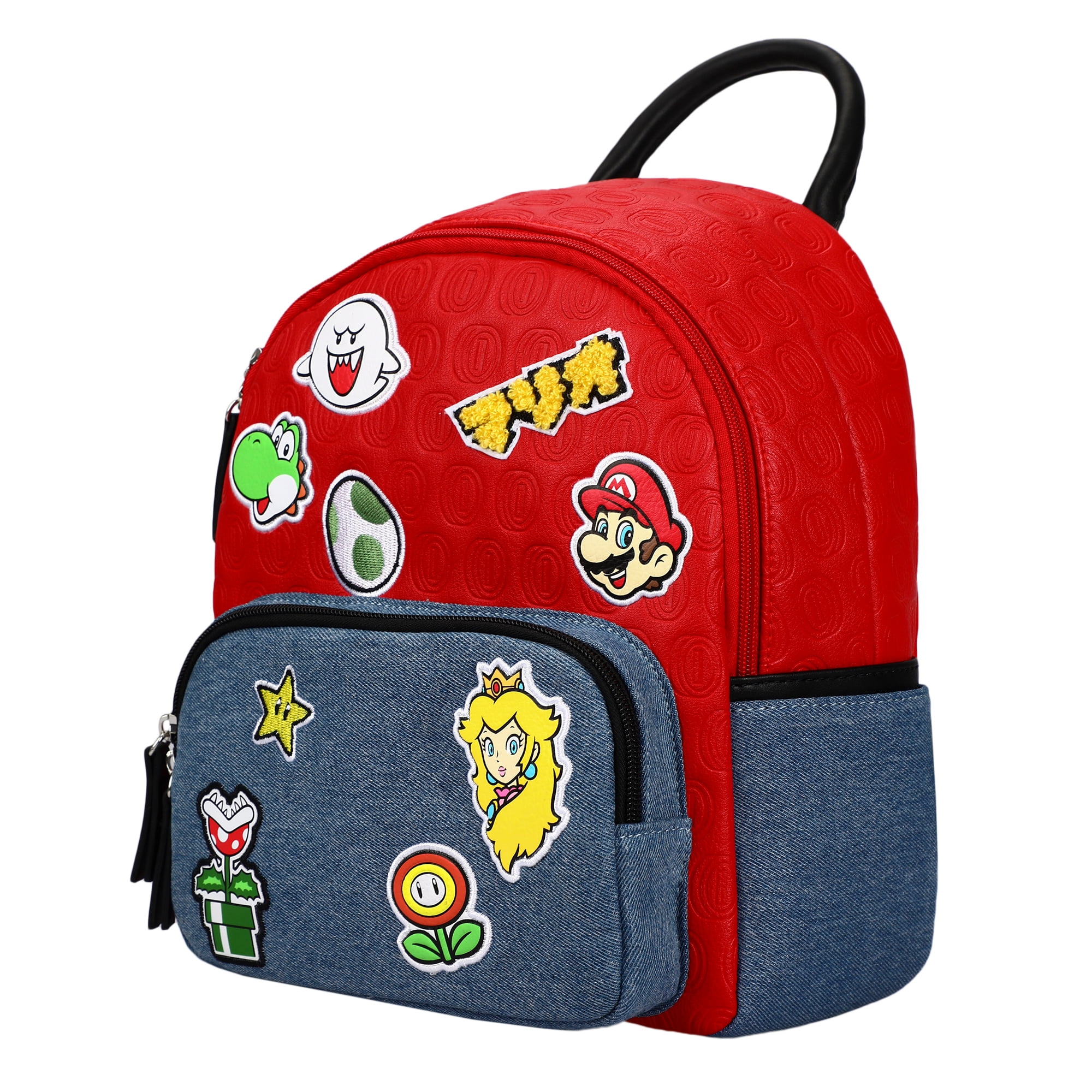 Super Mario Icon Patches red and Blue denim tone Embossed Mini Backpack ...