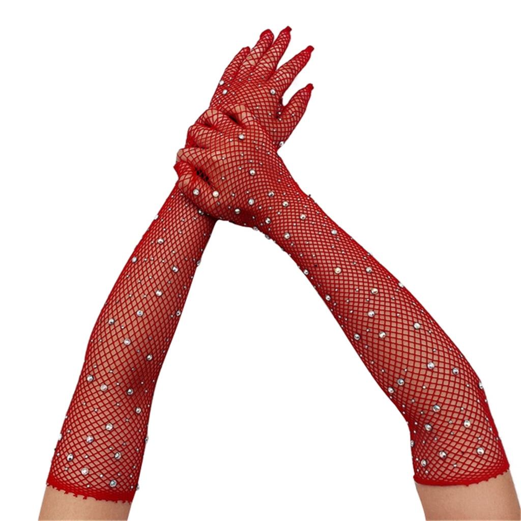 YUUZONE Rhinestones Long Gloves Fishnet Long Gloves Women Mesh Long ...