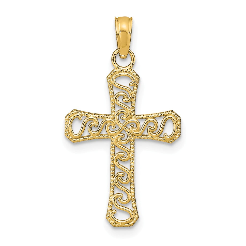 FB Jewels 14K Yellow Gold Filigree Swirl Cross with Beaded Edge and Cut ...