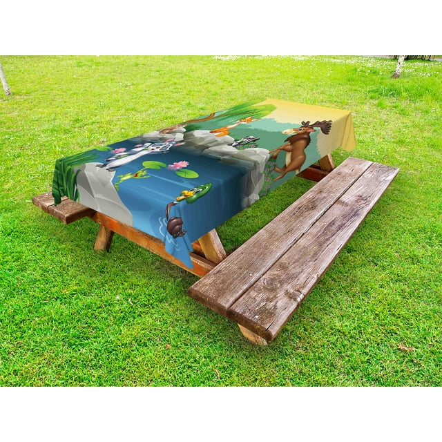 Cartoon Outdoor Tablecloth, Funny Mascots Animals by the Lake Moose Fox ...