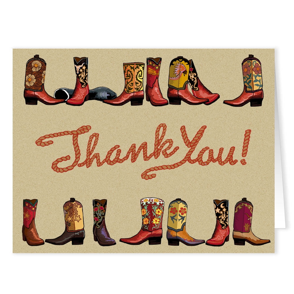 10 Boxed Cowboy Boots Western Thank You Card - Folded 4.25 x 5.5 Note ...