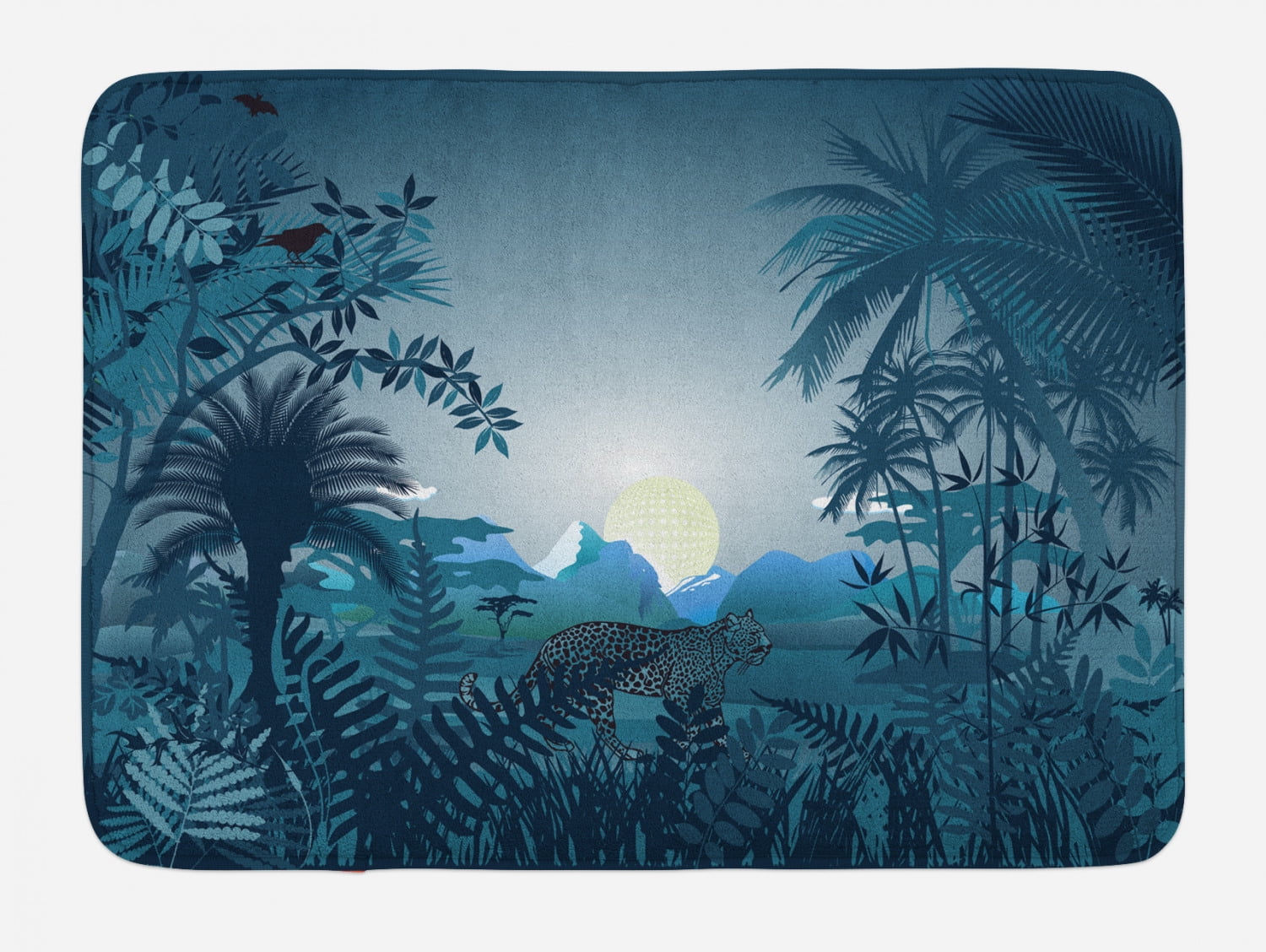 Jungle Bath Mat, Night in the Rainforest Jungle with Wild Tiger Animal ...