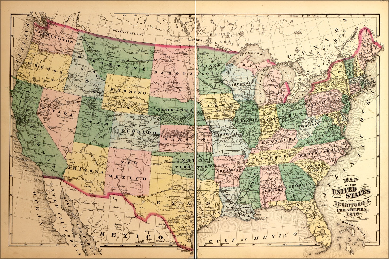 24"x36" Gallery Poster, map of United States of america 1878 P5 ...
