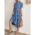 Blue Boho Floral Print Midi A-Line Dress With Ruffle Notched Neck Short ...
