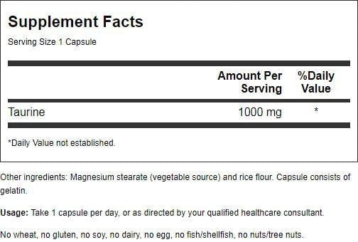 Jarrow Formulas Taurine, Brain and Memory Support, 1000 mg, 100 Caps